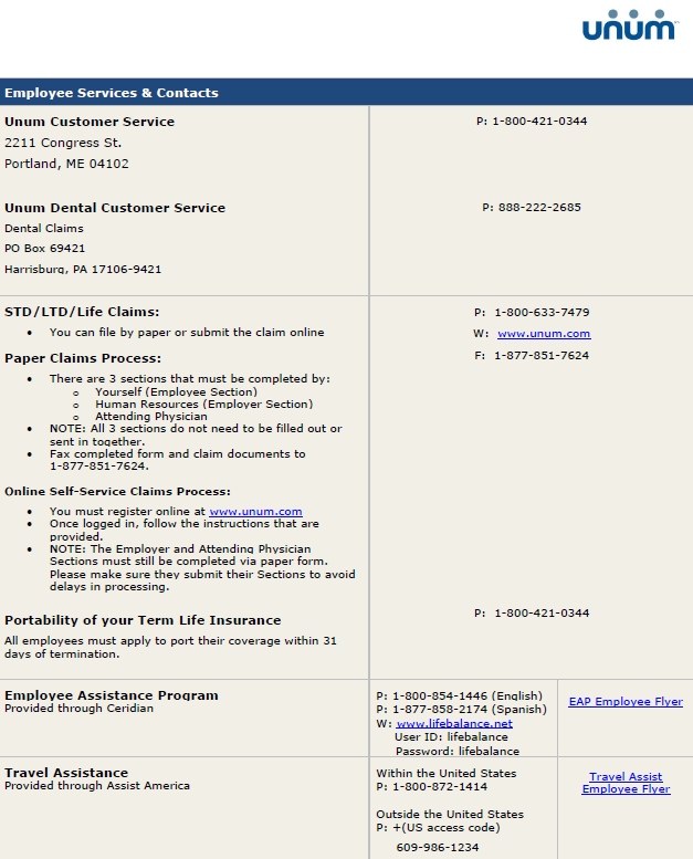 Unum - Employee Services & Contacts
